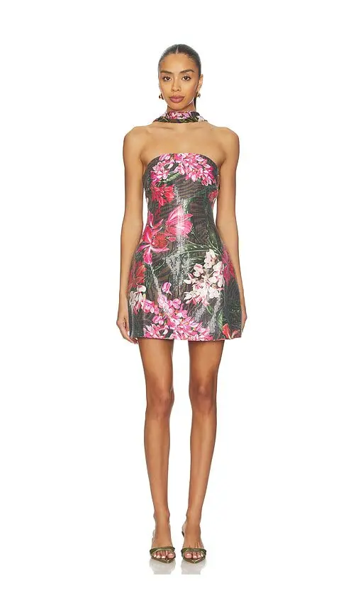 RUNAWAY THE LABEL Ibiza Mini Dress With Floral Sequin Overlay And Neck Scarf - Black