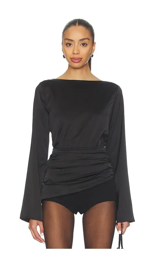 MORE TO COME Daphne Blouse With Asymmetrical Hem And Flare Sleeves - Black
