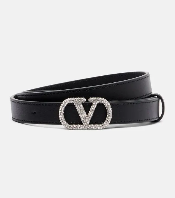 Valentino Garavani Vlogo Crystal-embellished Leather Belt - Black