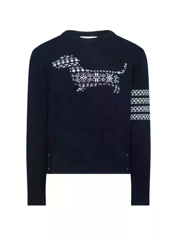 Thom Browne Hector Dog Motif 4-bar Stripe Detail Crew Neck Sweater - Blue