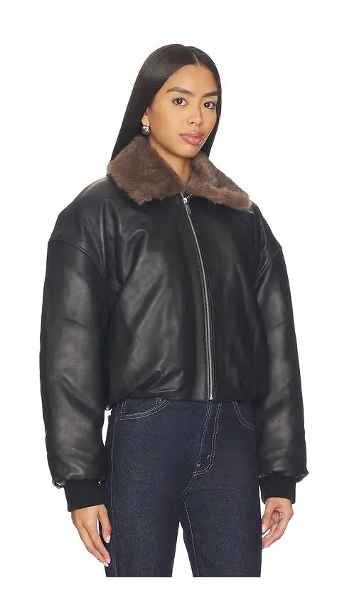 EAVES Leather Bomber Jacket With Faux Fur Trim