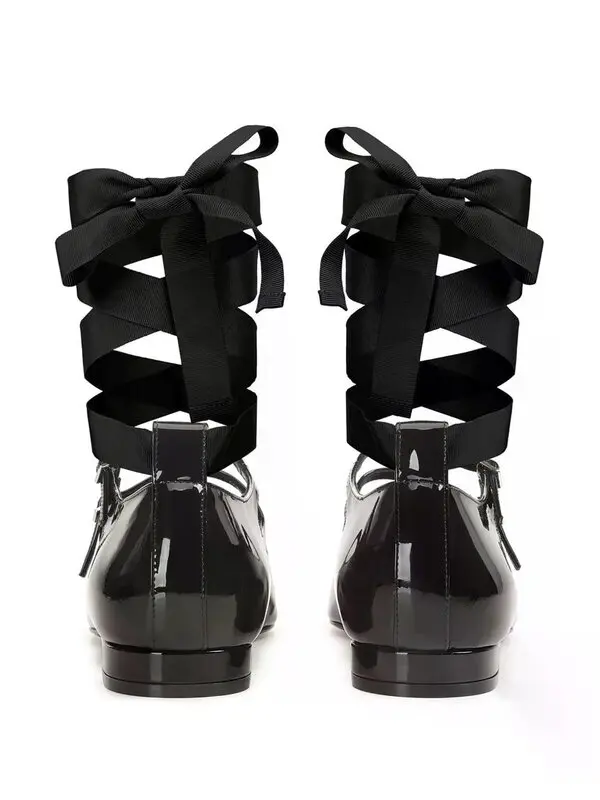 SERGIO ROSSI Patent Leather Ballet Flats With Double Buckle And Tie Ankle Strap