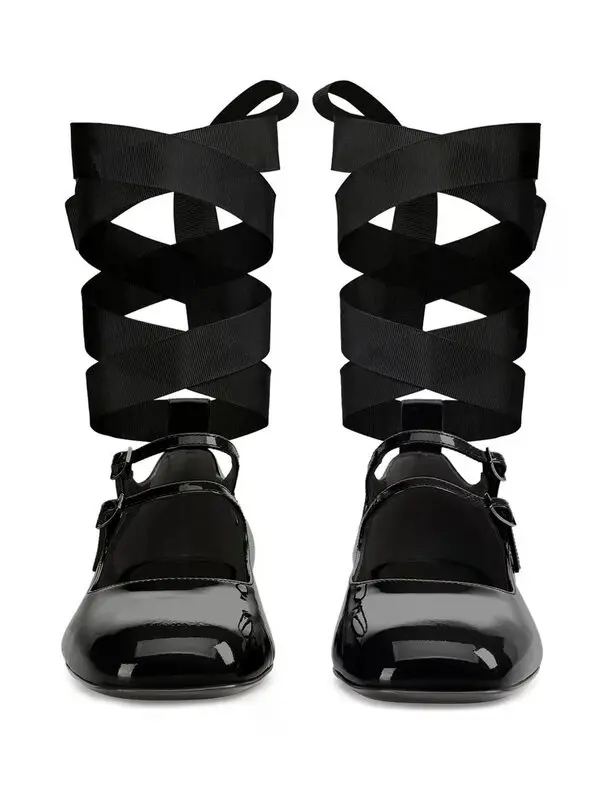 SERGIO ROSSI Patent Leather Ballet Flats With Double Buckle And Tie Ankle Strap