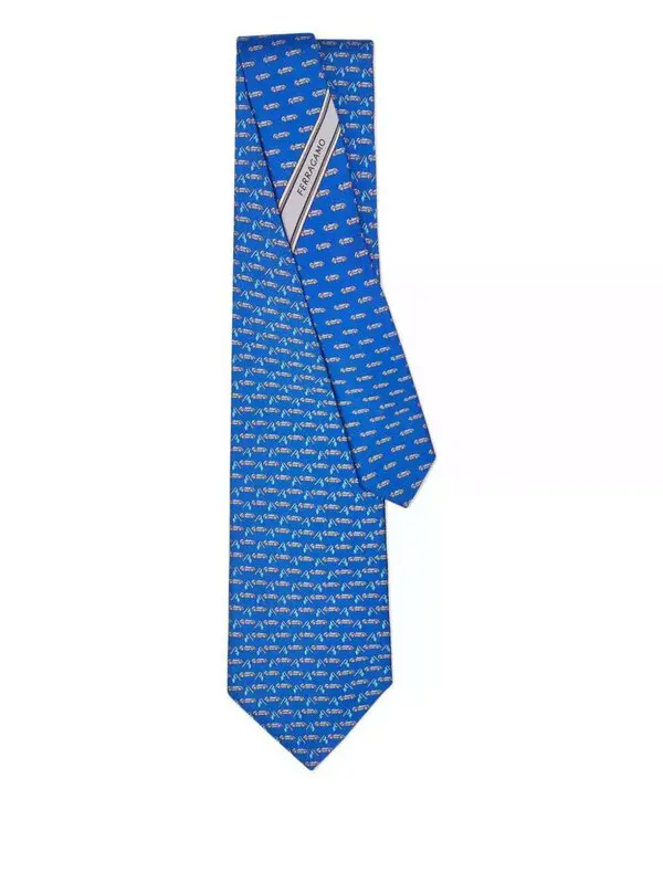 FERRAGAMO Race Print Silk Neck Tie - Blue