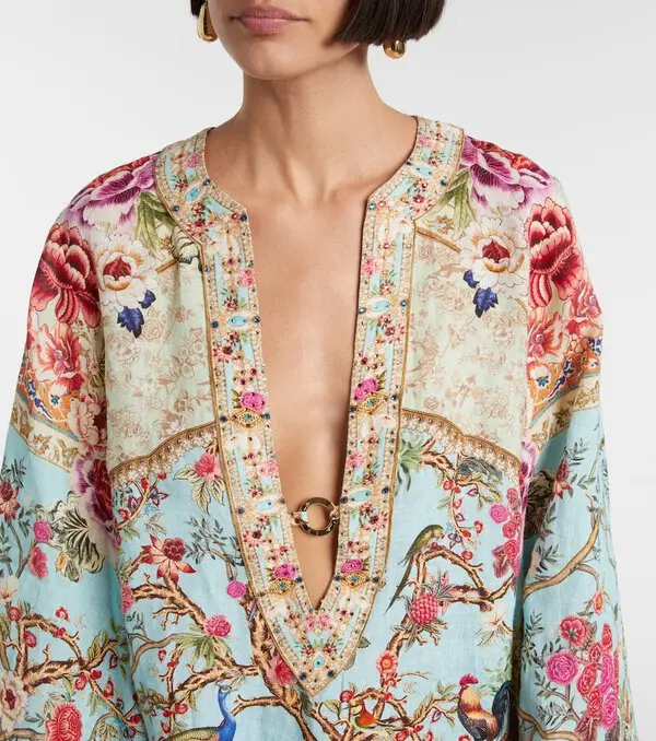 Camilla Embellished Printed Ring-detail Linen Kaftan