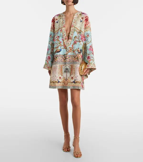 Camilla Embellished Printed Ring-detail Linen Kaftan