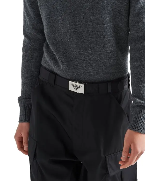Prada Woven Re-nylon Belt With Enamelled Logo Buckle