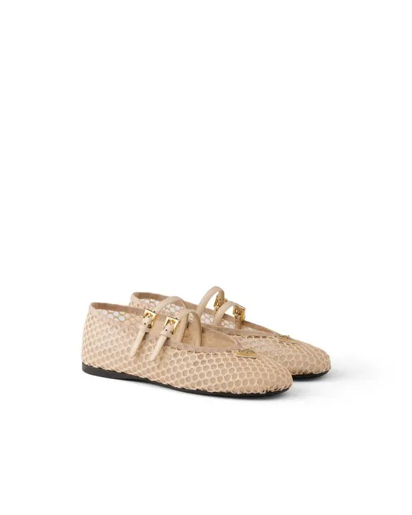 Prada Mesh Fabric Ballerinas With Logo Buckles