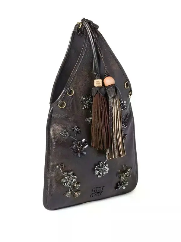 Miu Miu Leather Tote Bag With Floral Embellishments And Tassels