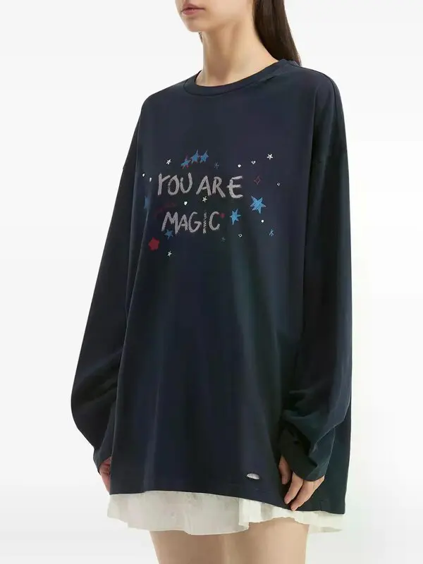 B+AB Slogan Print Long Sleeve Cotton T-shirt - Blue