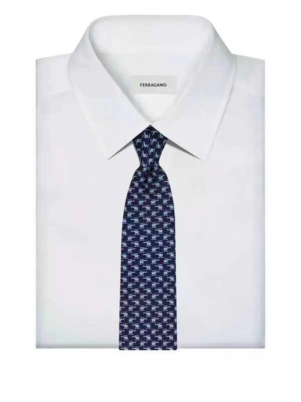 FERRAGAMO Helicopter Print Silk Neck Tie - Blue