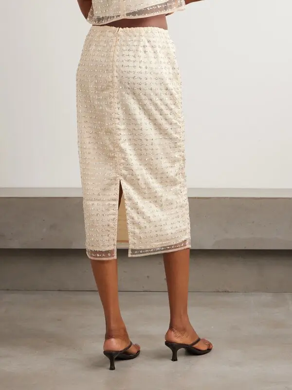 Staud Ciara Embellished Tulle Midi Skirt - Neutrals
