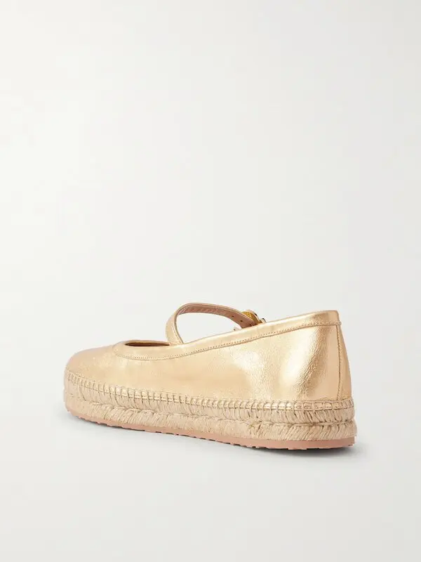 GIANVITO ROSSI Elda Metallic Leather Espadrille Mary Jane Flats - Gold