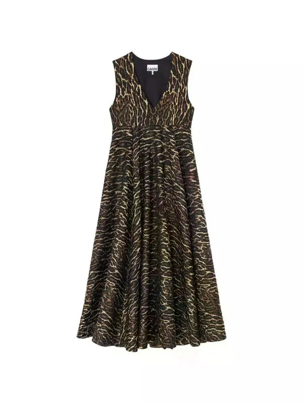 GANNI V-neck Animal Print A-line Midi Dress - Black