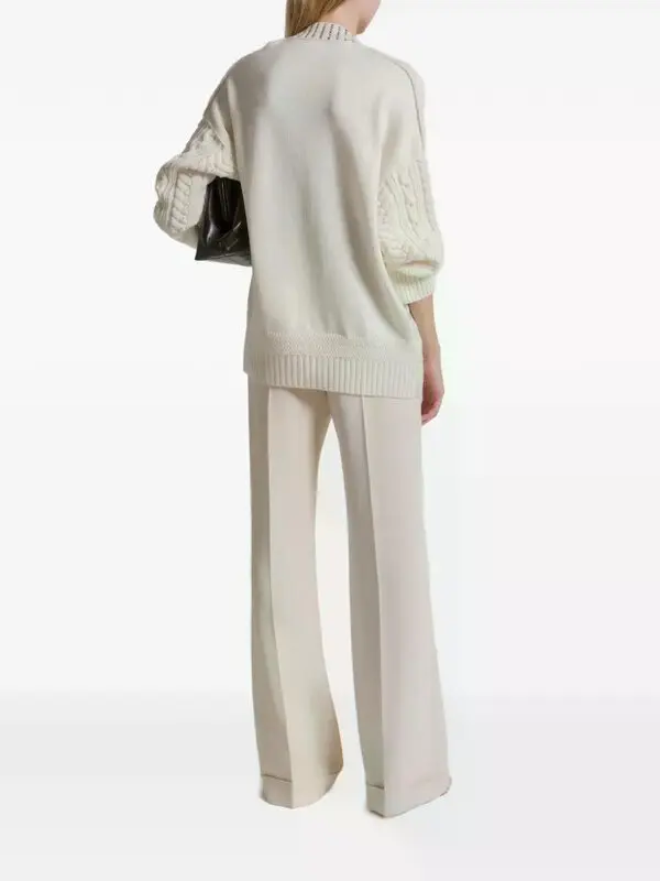 Alberta Ferretti Aran Cable Knit Sweater With Embellished V-neck