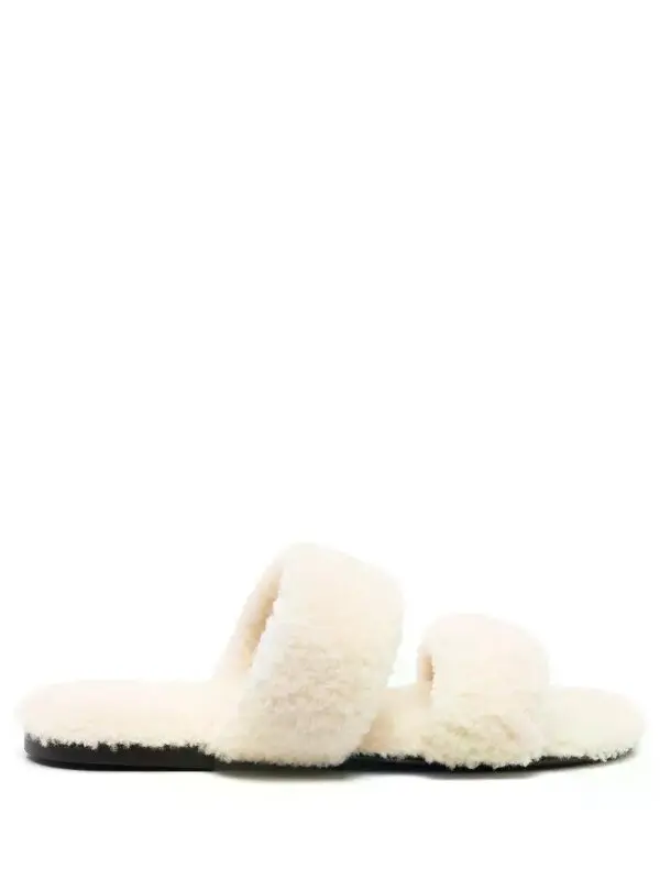 Saint Laurent Shearling Flat Slides - Neutrals