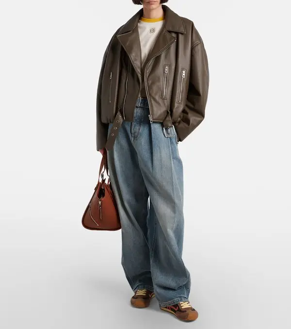 Loewe Cropped Leather Biker Jacket - Brown