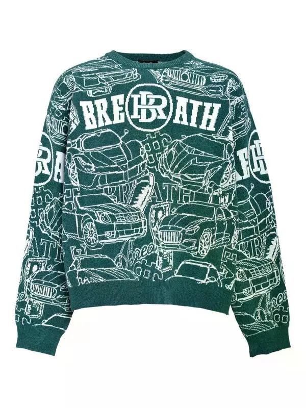 BREATH Car Pattern Round Neck Long Sleeve Sweater - Green