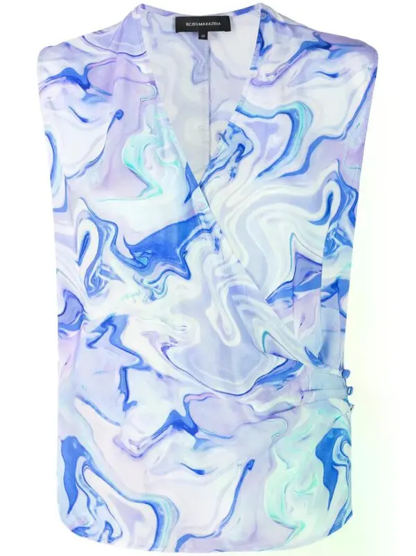 Bcbgmaxazria Marbled Pattern Sleeveless V-neck Blouse - Blue