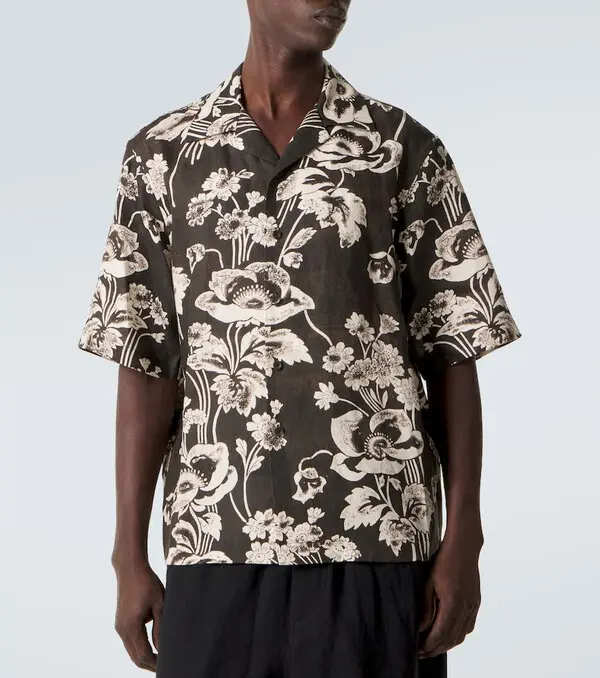 Commas Floral Linen Bowling Shirt - Black