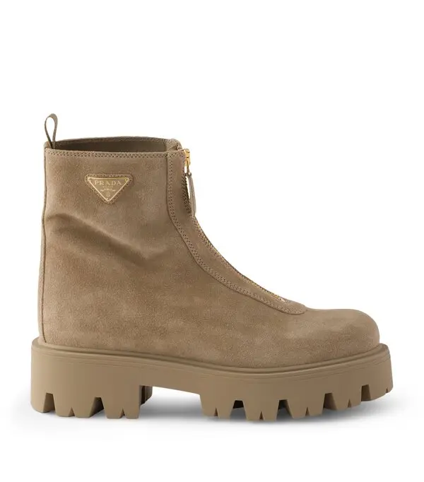 Prada Suede Triangle Ankle Boots 50 - Neutral