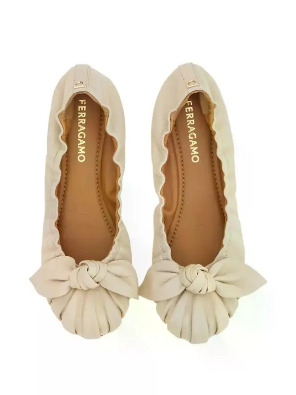 FERRAGAMO Bow-detail Ruched Ballet Flats - Neutrals