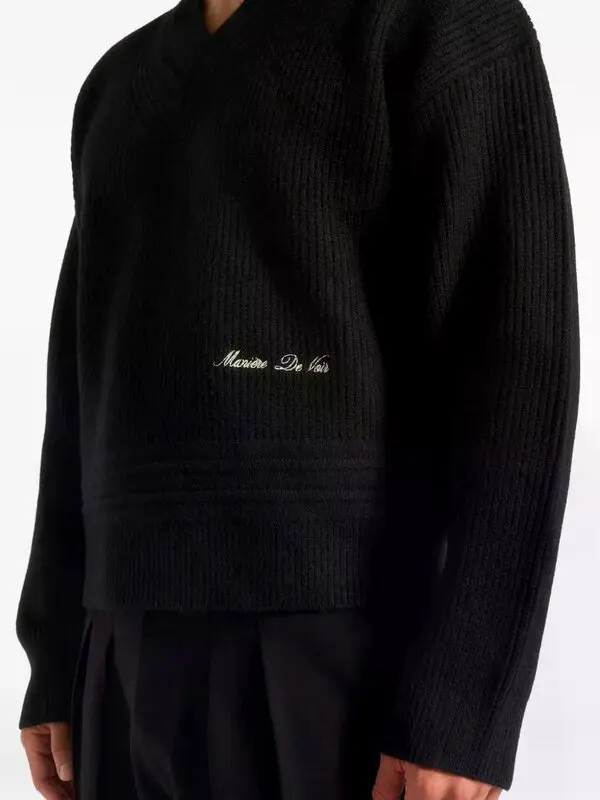 Manière De Voir V-neck Ribbed Knit Sweater With Embroidered Logo