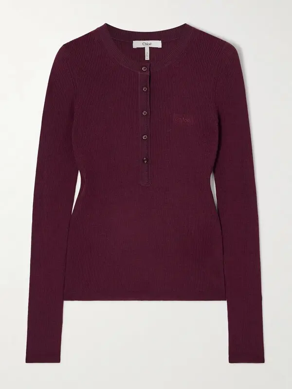 Chloé Ribbed Wool Sweater With Silk Trim - Burgundy