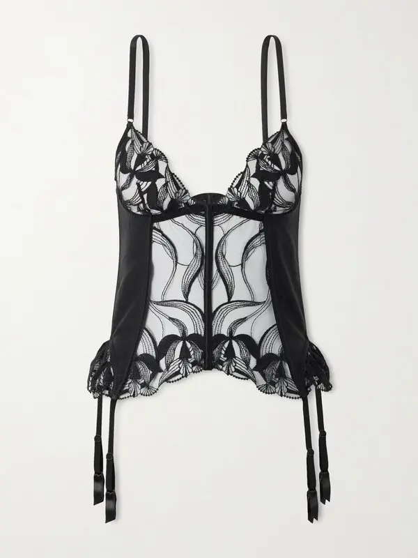 Kiki De Montparnasse Merry Widow Embroidered Tulle-paneled Stretch-silk Corset - Black
