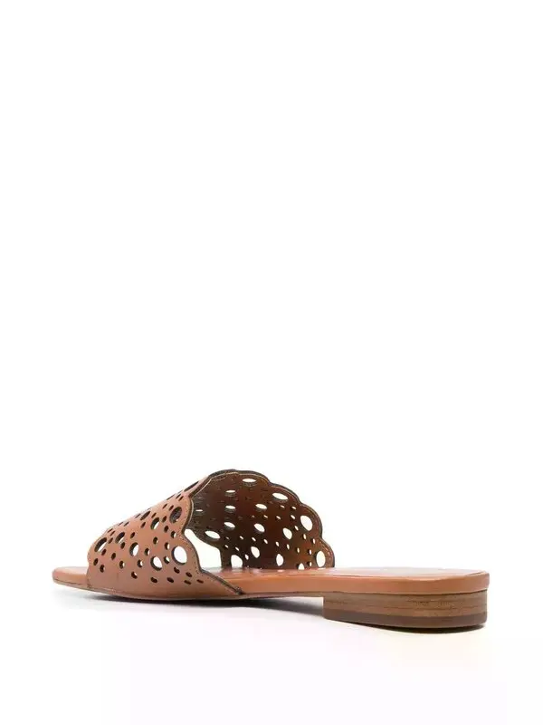 TWINSET Calf Leather Perforated Slip-on Flat Sandals - Brown