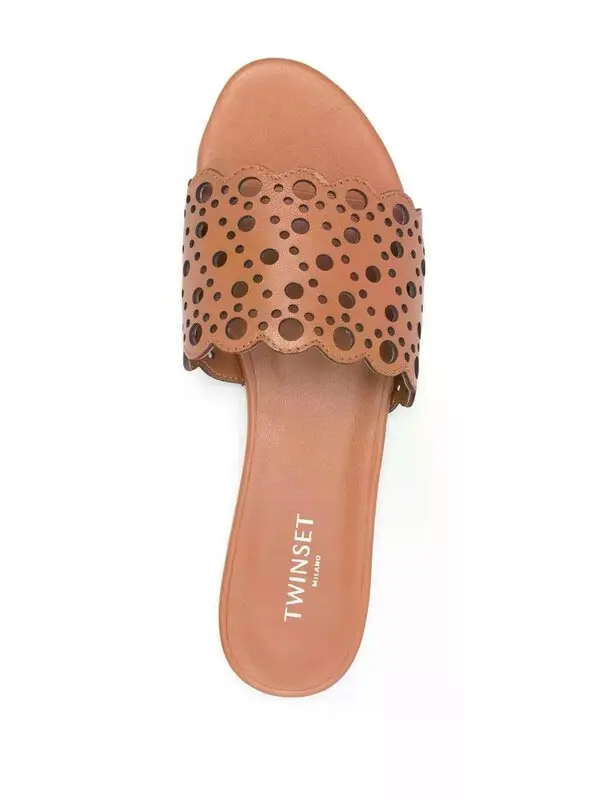 TWINSET Calf Leather Perforated Slip-on Flat Sandals - Brown