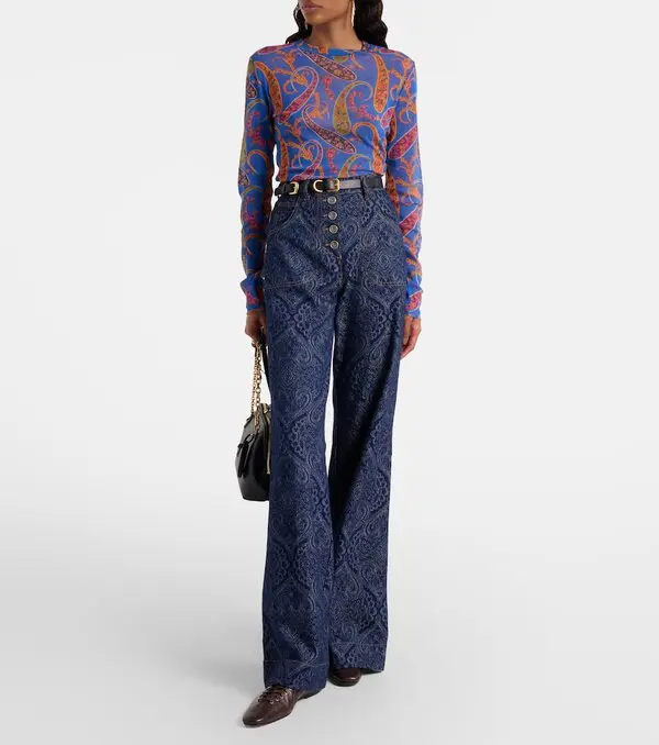 Etro Semi-sheer Velvet-trimmed Tulle Top