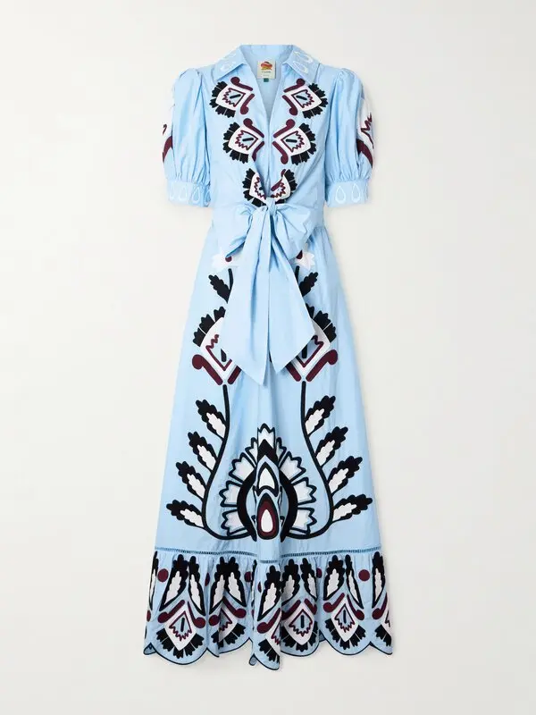 Farm Rio Tie-front Scalloped Appliquéd Cotton-poplin Maxi Dress - Blue