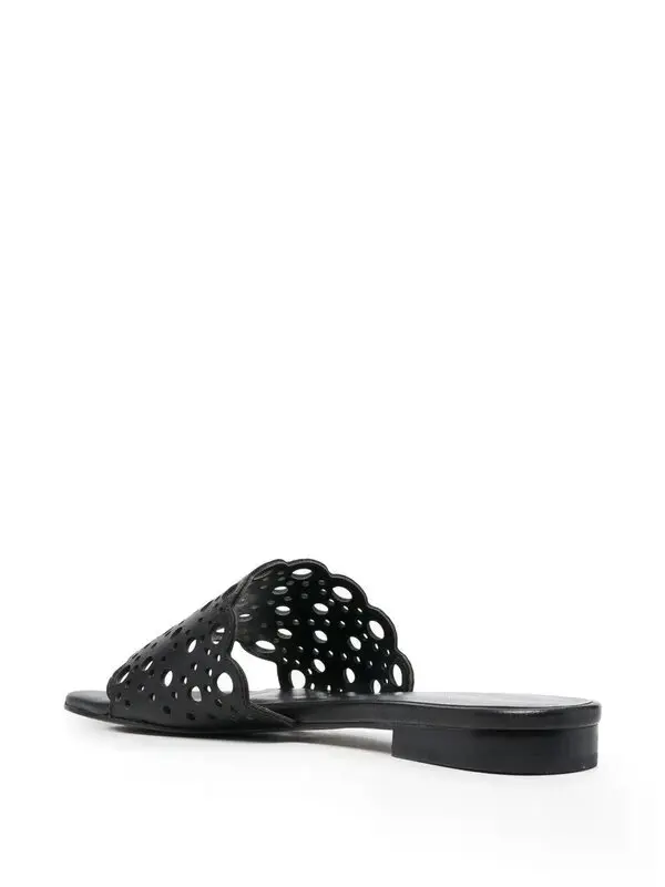TWINSET Calf Leather Perforated Slip-on Flat Sandals - Black