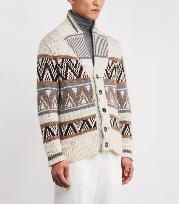 Isaia Cashmere Shawl Collar Cardigan With Fair Isle Motif