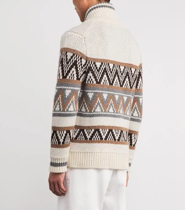 Isaia Cashmere Shawl Collar Cardigan With Fair Isle Motif