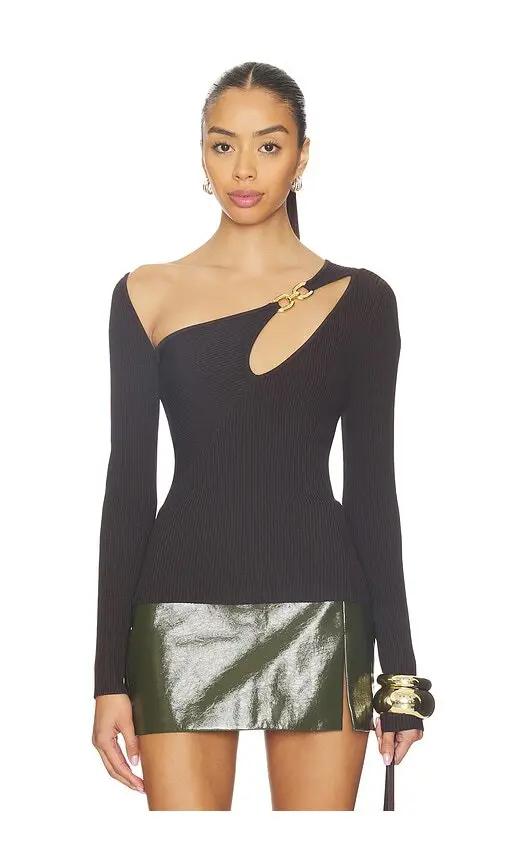 NICHOLAS Asymmetrical Double Rin Rib Knit Top - Chocolate