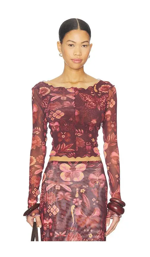 Agua Bendita Liana Printed Mesh Top - Red