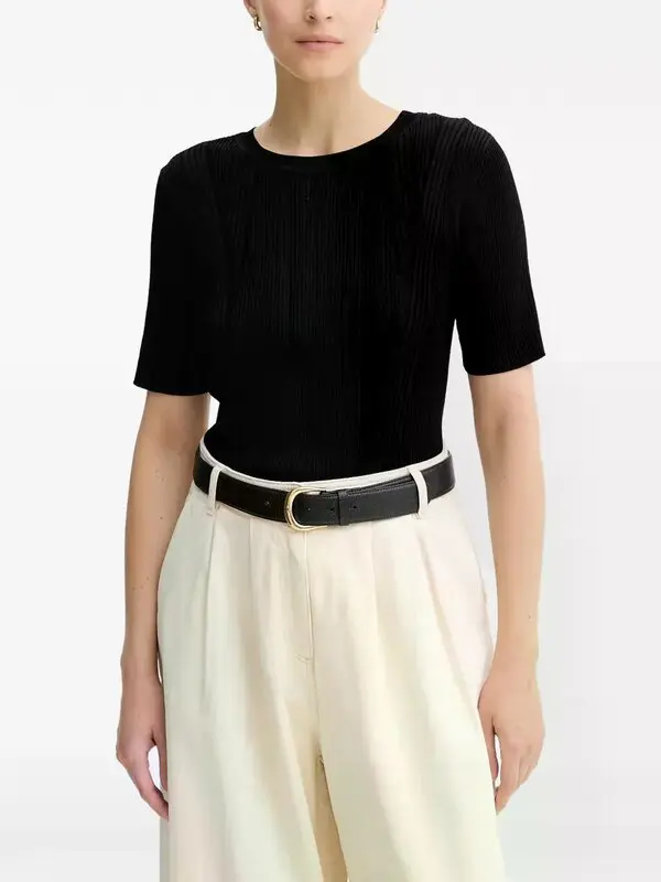 SESSUN Ribbed Knit Short Sleeve Top With Button Detail