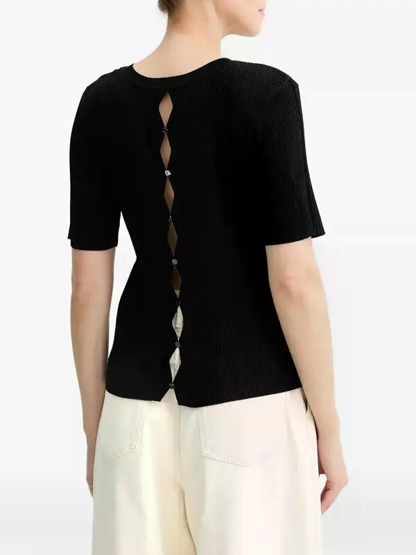 SESSUN Ribbed Knit Short Sleeve Top With Button Detail