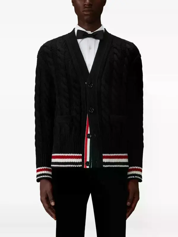 Thom Browne V-neck Cable Knit Cardigan With Stripe Detail