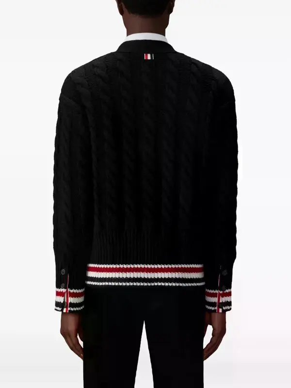 Thom Browne V-neck Cable Knit Cardigan With Stripe Detail