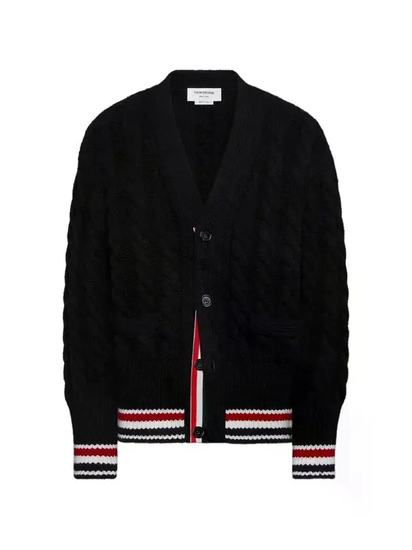 Thom Browne V-neck Cable Knit Cardigan With Stripe Detail - Black
