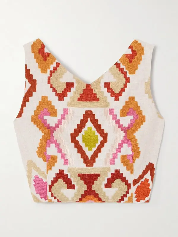 MARTA FERRI Santorini Cropped Embroidered Linen-blend Top - Multi