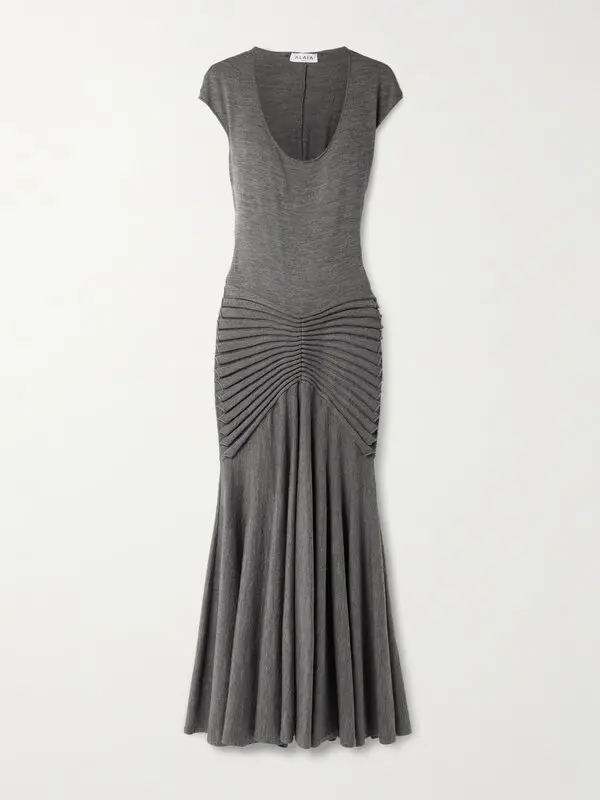 Alaïa Pleated Wool Maxi Dress - Gray