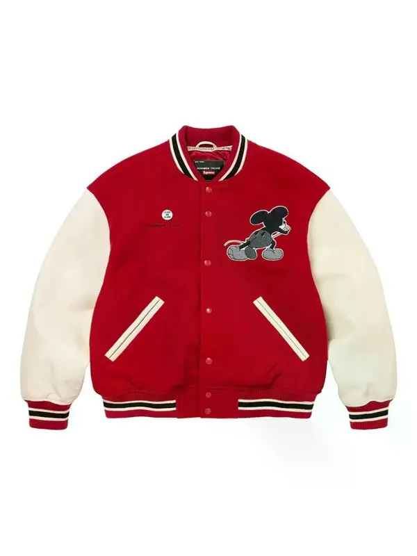 Supreme Mickey Appliqued Varsity Jacket - Red
