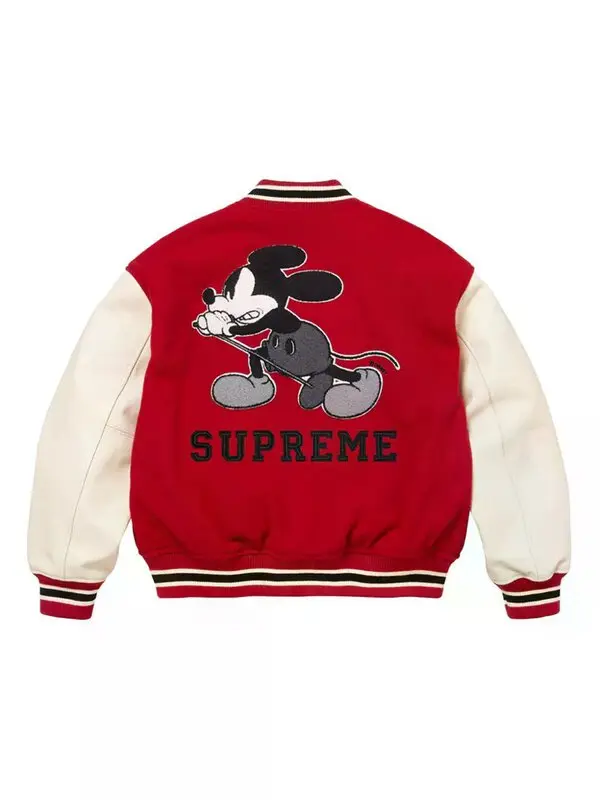 Supreme Mickey Appliqued Varsity Jacket - Red