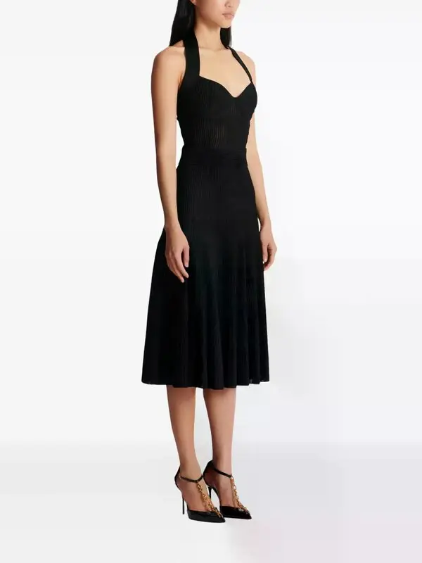 Balmain Halterneck Pleated Midi Dress - Black