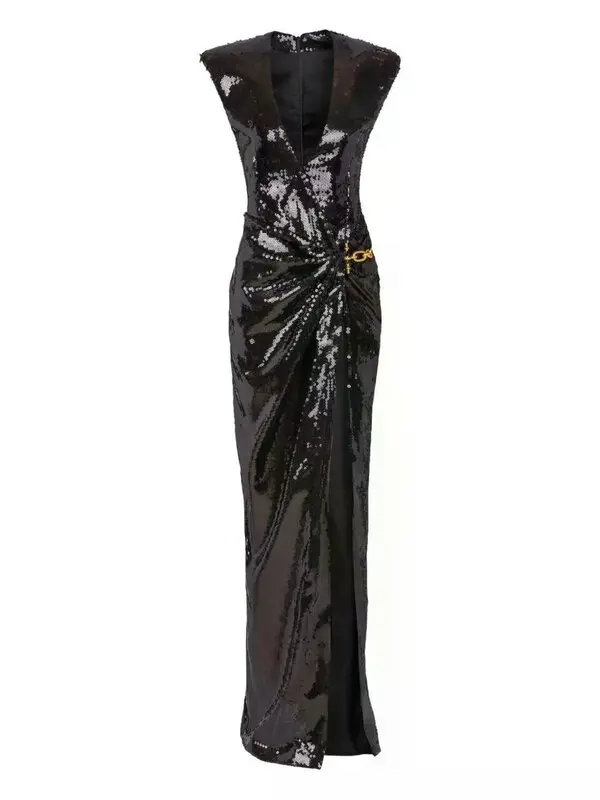 Balmain Long Draped Sequin Dress - Black