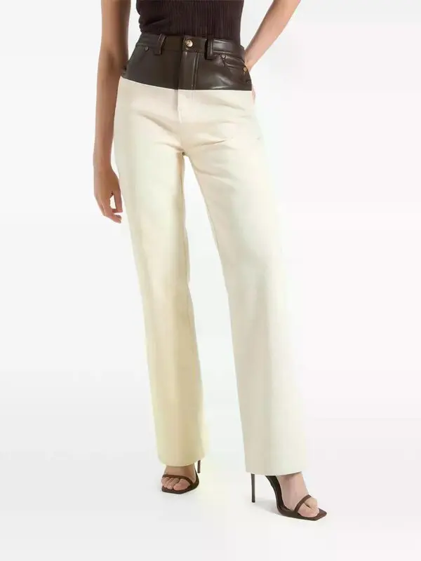 Manière De Voir Renée Leather & Denim Contrast Panel Straight Leg Jeans - Neutrals